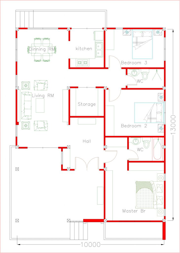 House design 10x13 Meters 33x43 Feet 3 Bedrooms - House Design 3D