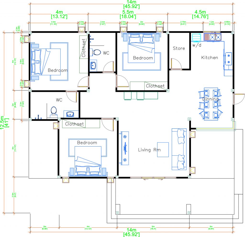 House Design 3d 14x12.5 Meter 46x41 Feet 3 Bedrooms Hip Roof - House ...