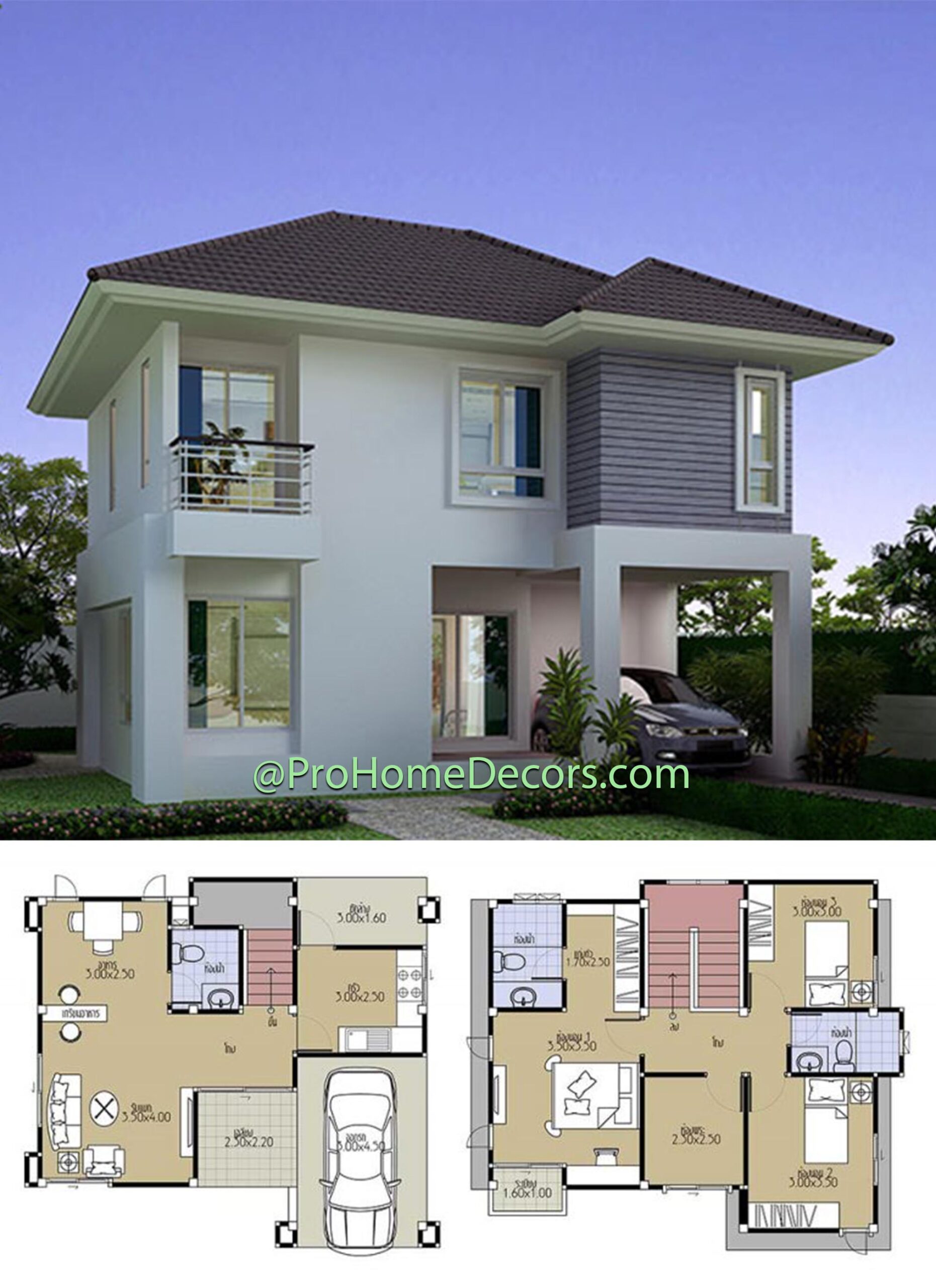 House Plans 8.8x7.5 with 3 Beds - House Design 3D