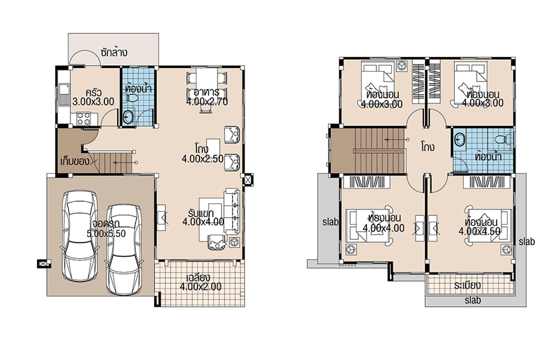 House Plans 9x11.3 with 4 bedrooms - House Design 3D