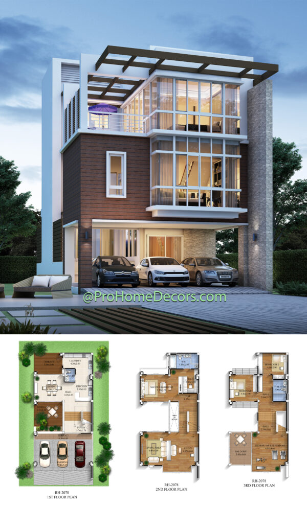 House Design Plan 8x15.5 meter with 3 Bedrooms - House Design 3D