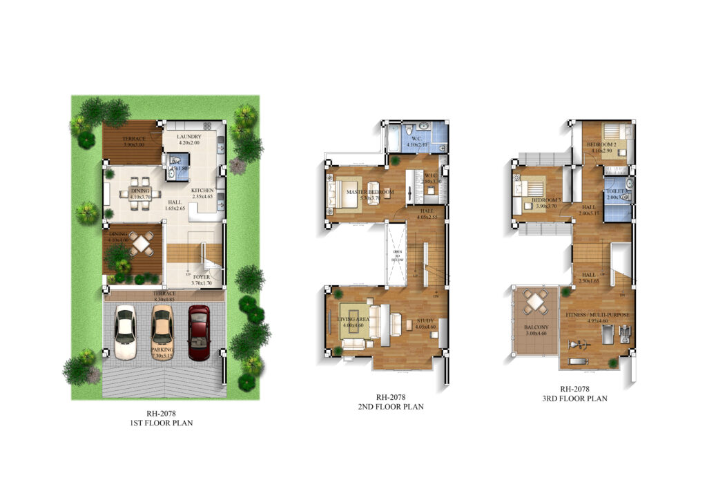 House Design Plan 8x15.5 meter with 3 Bedrooms - House Design 3D