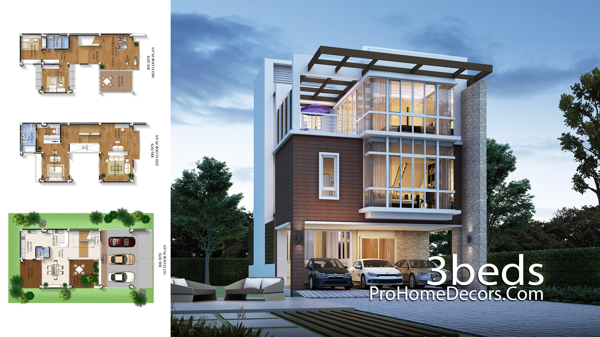 House Design Plan 8x15.5 meter with 3 Bedrooms - House Design 3D