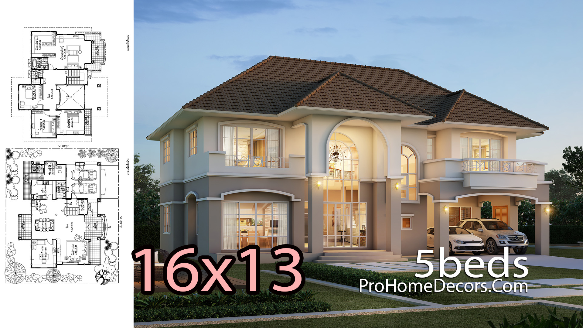 House Plan 16x13 Meter with 5 Bedrooms - House Design 3D