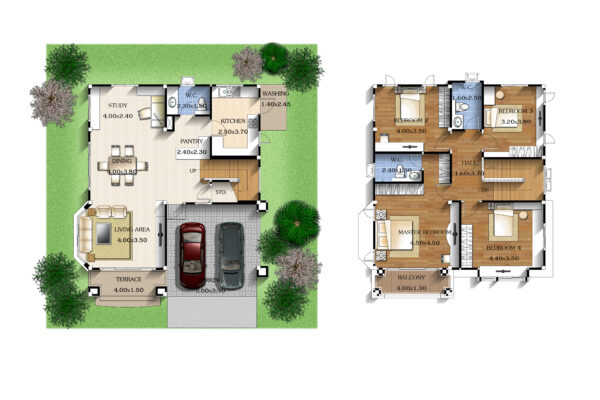 House Plan Idea 9x11 meter with 4 Bedrooms - House Design 3D