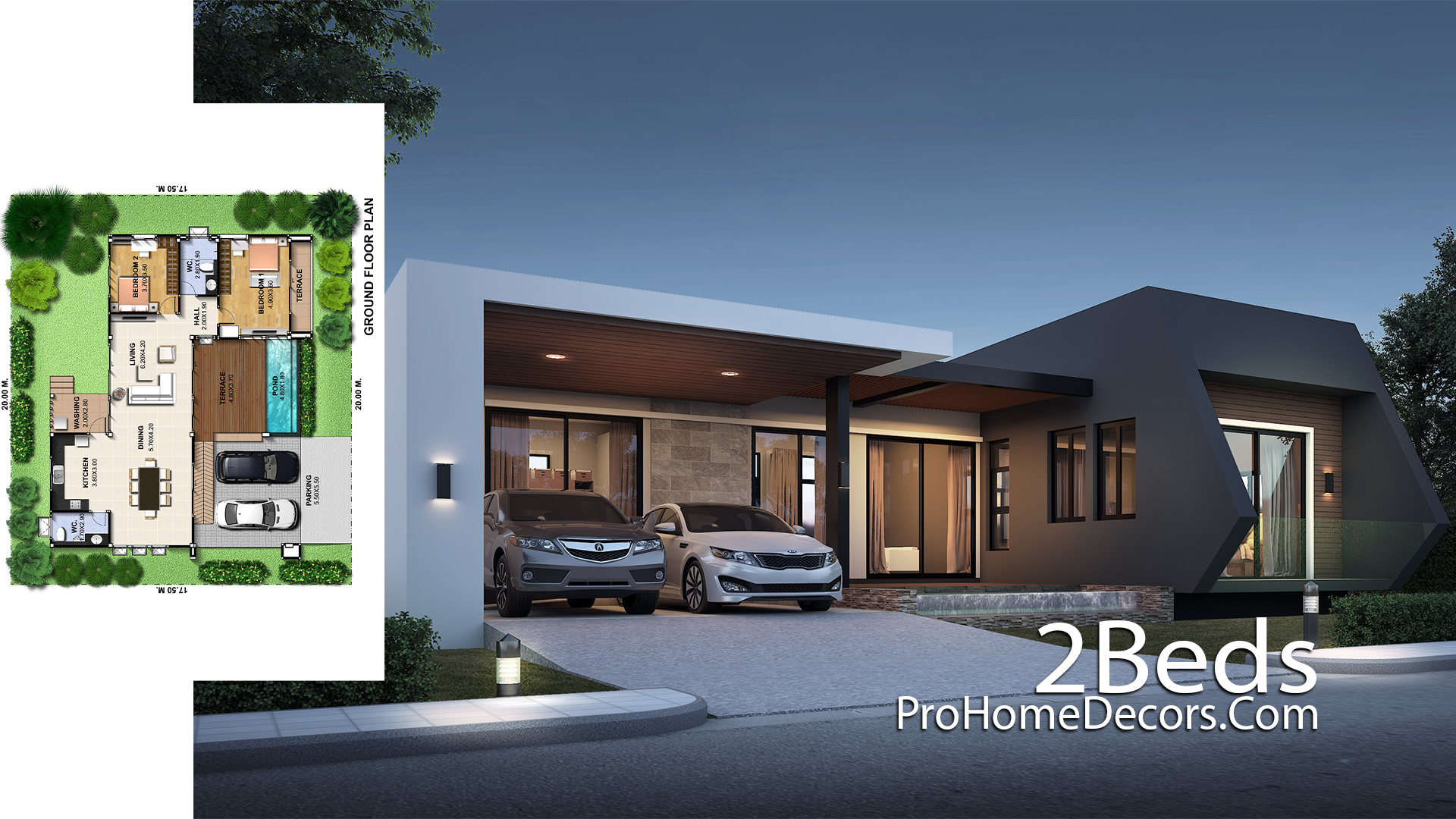 Modern One Story House Plot 20x17 meter with 2 Beds - House Design 3D