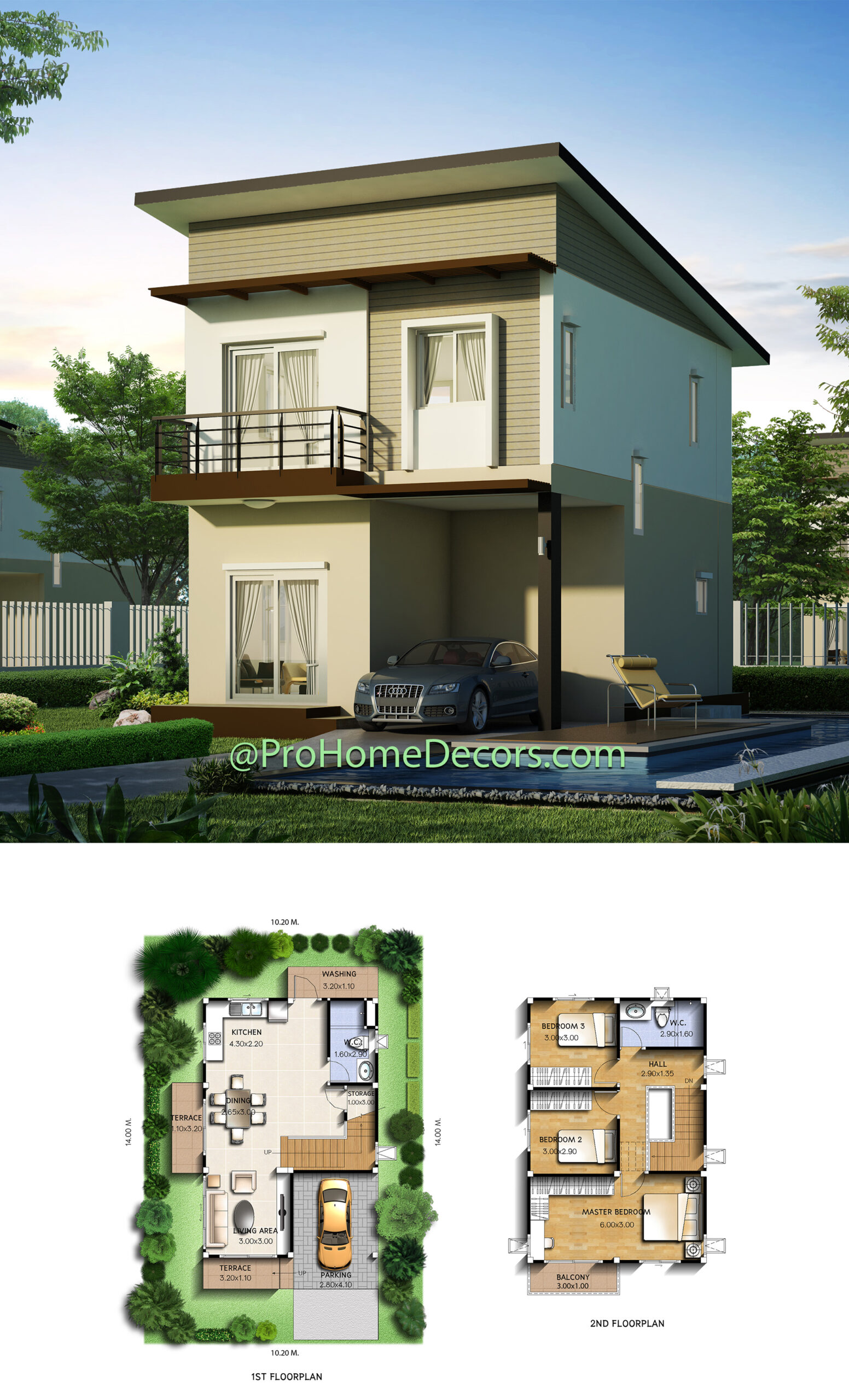 Small House Plot 10x14 Meter with 3 Bedrooms - House Design 3D